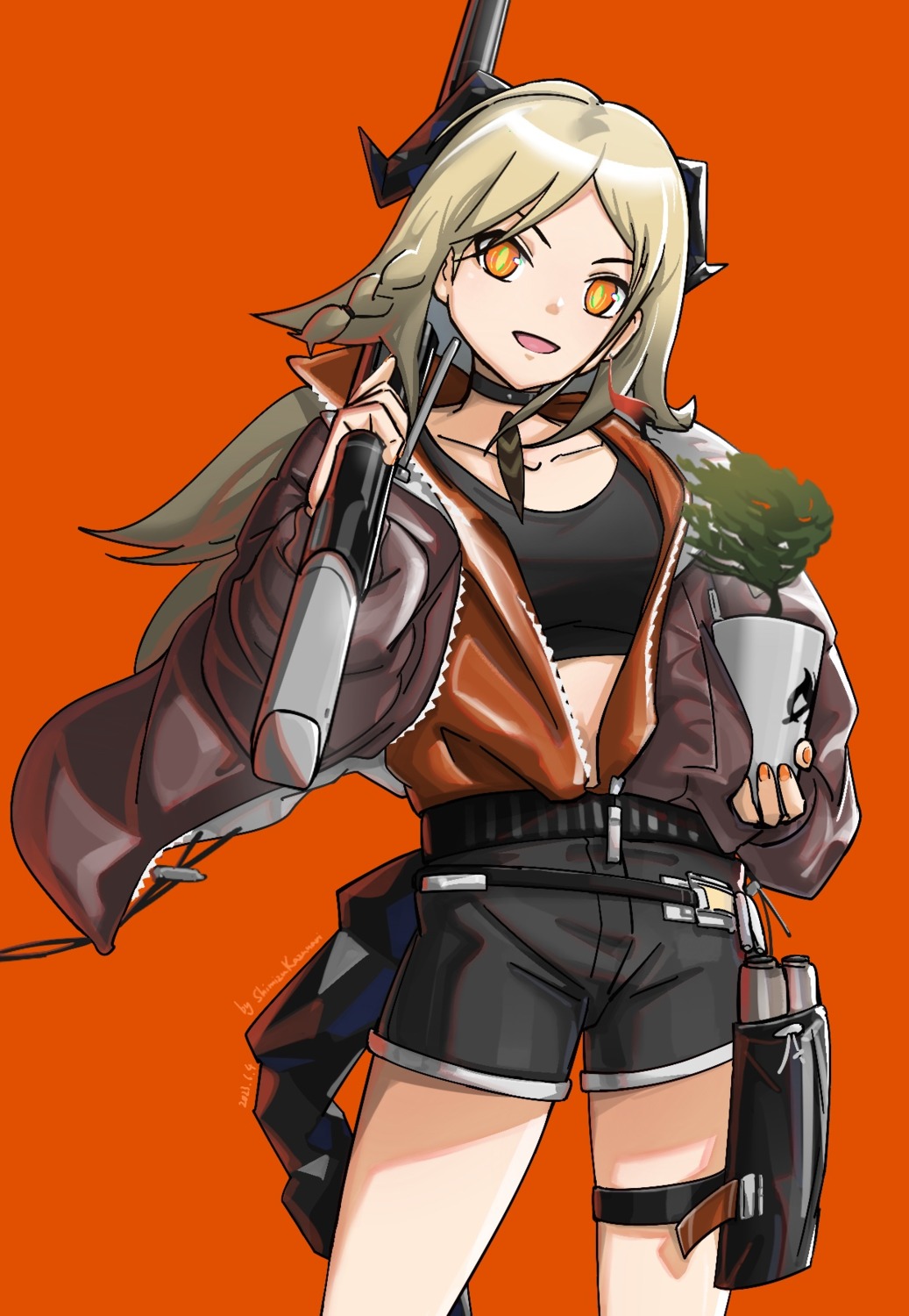 shimizu kazunari arknights ifrit (arknights) bra garter gun horns open shirt tail weapon ...